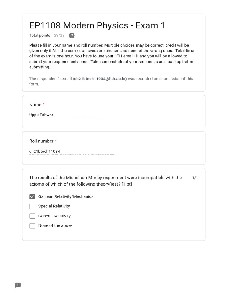 EP1108 Modern Physics - Exam 1 | PDF | Special Relativity | Electronvolt