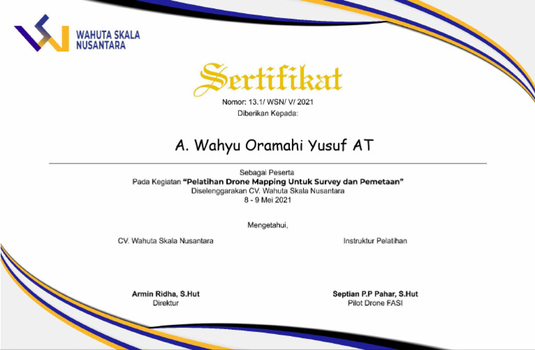 Sertifikat Pelatihan Drone A. Wahyu Oramahi Yusuf AT | PDF