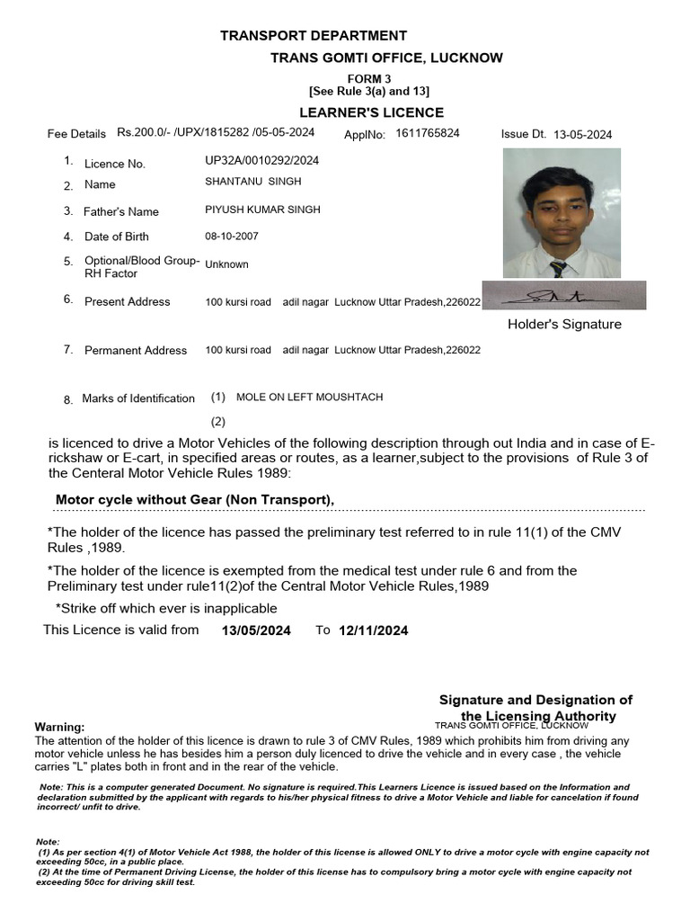 Trans Gomti Office, Lucknow Transport Department: Form 3 (See Rule 3 (A ...