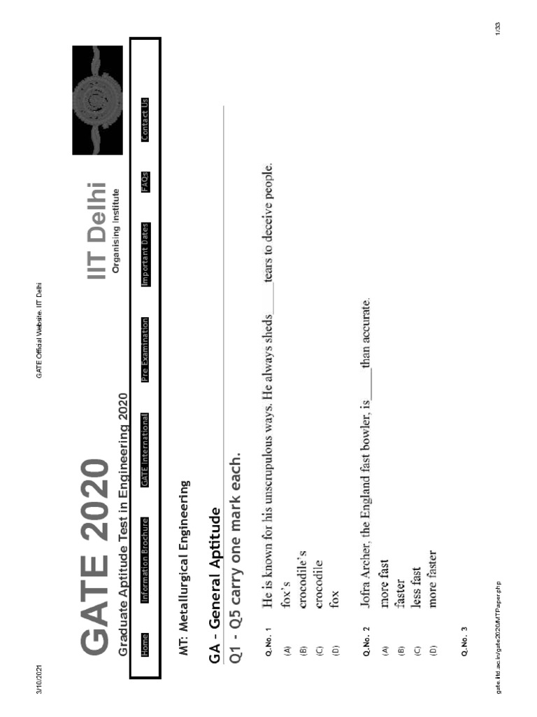 GATE Metallurgical Engineering Paper 2020 | PDF