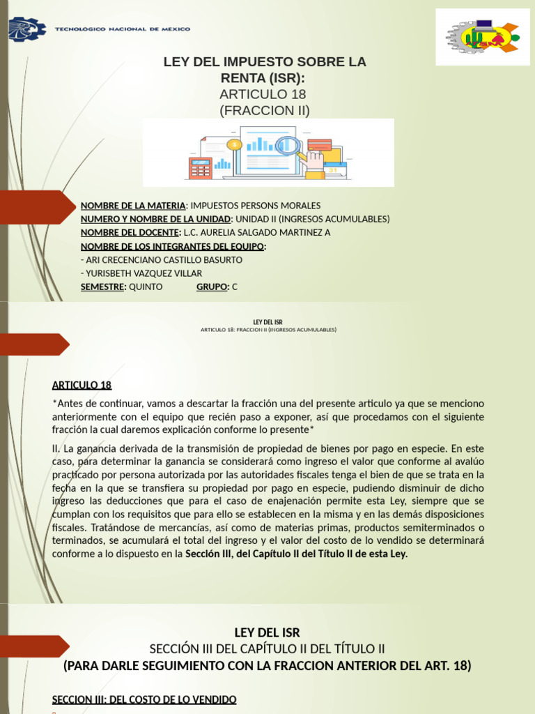 Ley Del Impuesto Sobre La Renta (Isr) Articulo 18, Fracc Ii | PDF | Impuesto sobre la renta ...