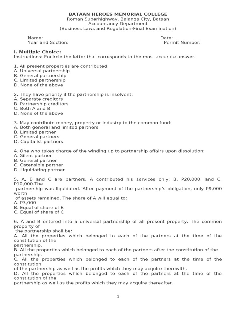Business Laws and Regulation Final Examination | PDF | Partnership | Corporations