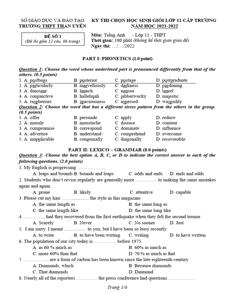 De Thi Chon Hoc Sinh Gioi Lop 11 Cap Truong Nam Hoc 2021 2022 Truong T 15005 | PDF | Decision Making