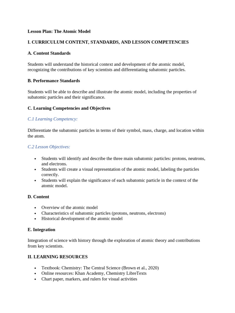 Lesson Plan in Enhanced Science Quarter 2 - The Atomic Model | PDF ...
