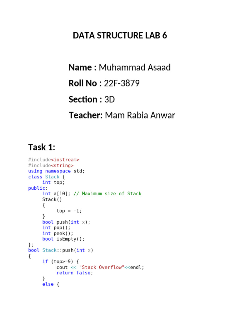 Data Structure Lab 6 Name: Roll No: Section: Teacher: Task 1 | PDF | Computer Programming ...
