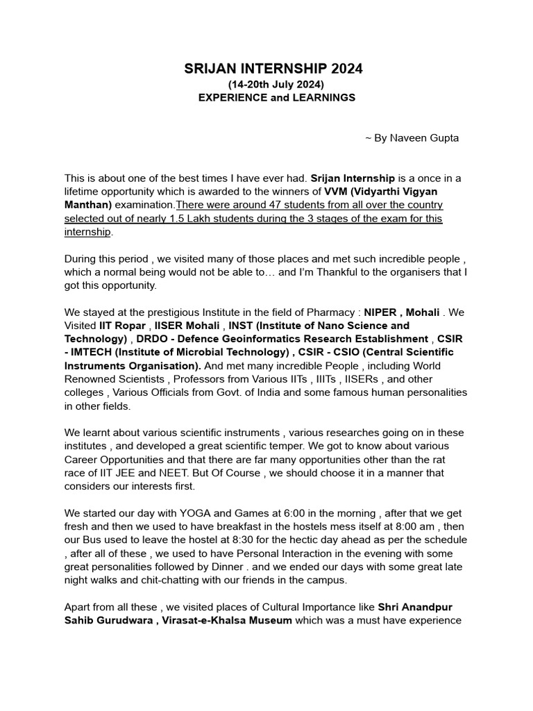 SRIJAN Experience (In Short) | PDF | Science | Economy Of India