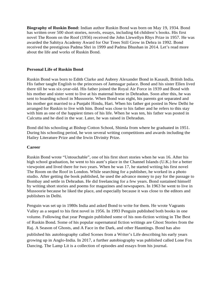 Ruskin Bond With Summary | PDF