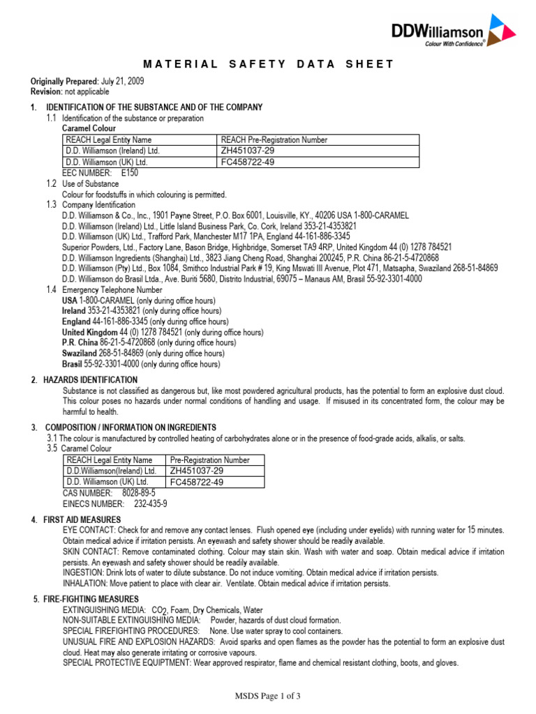 MSDS caramel color 624 (powder) | PDF | Firefighting | Water