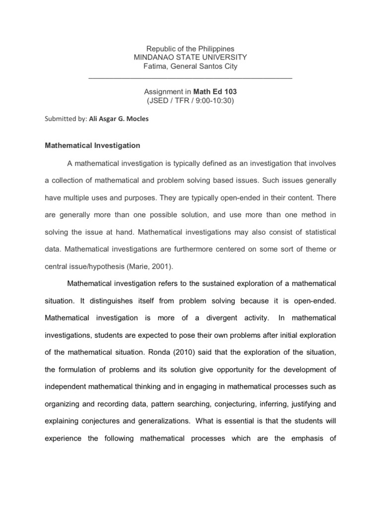 Examples of Mathematical Investigations | PDF | Mathematical Model ...