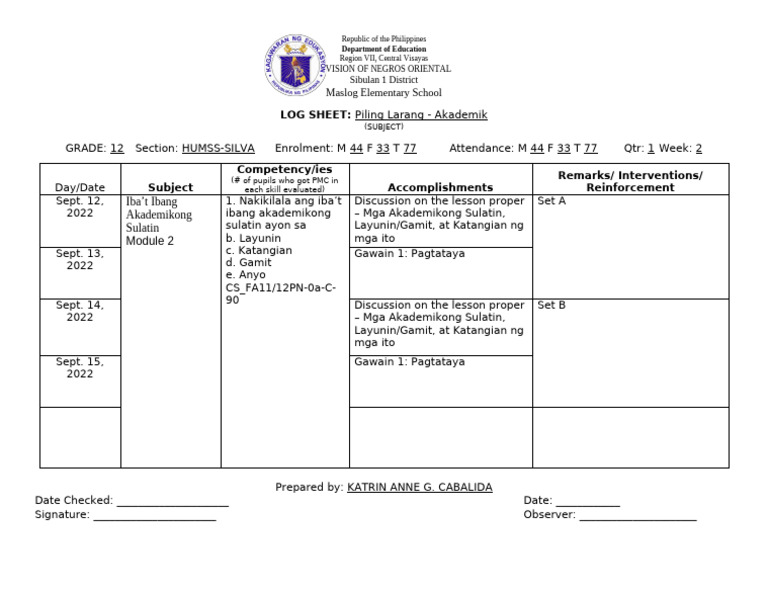 LOG-PLAN-piling Larang akademik-week2-q1-m2-IBA T IBANG AKAD SULATIN | PDF