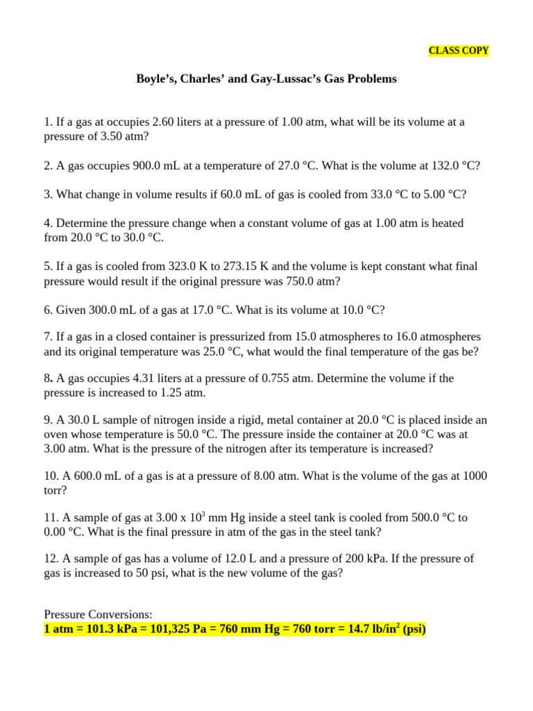 All 3 gas laws student | PDF | Gases | Pressure