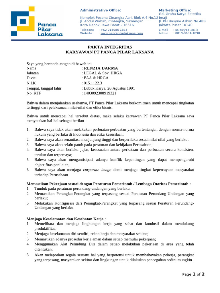 Form Pakta Integritas Karyawan PPL | PDF