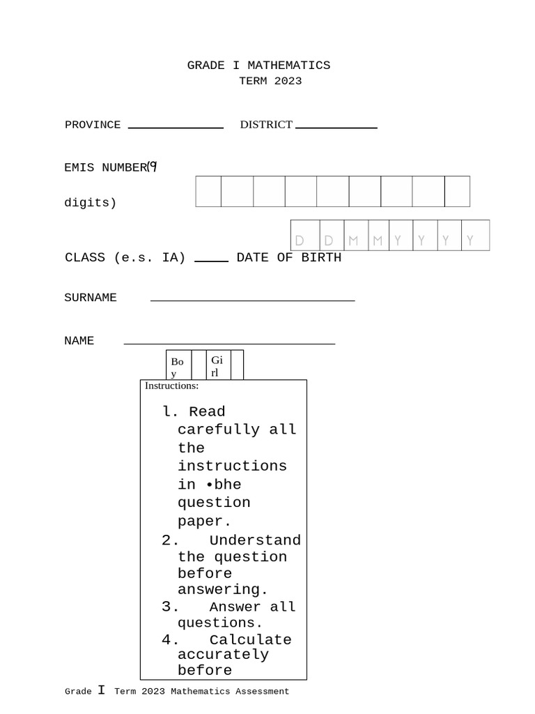 GRADE 1 Term 4 2023 Mathematics Assessment New | PDF | Mathematics