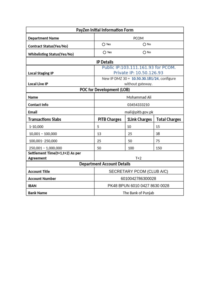 PayZen Initial Information Form PCOM | PDF