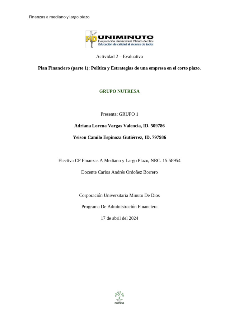 Actividad 2 - Evaluativa - Plan Financiero Parte 1 - Nutresa Sa - Adriana Lorena Vargas Valencia ...