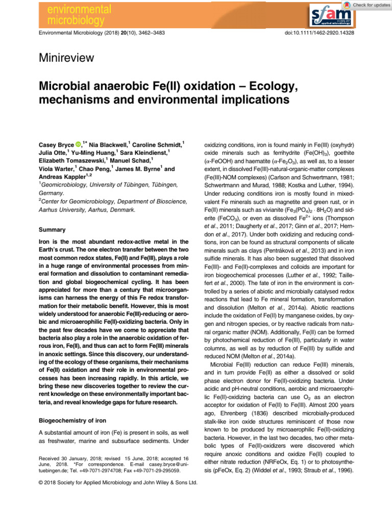 Environmental Microbiology - 2018 - Bryce - Microbial anaerobic Fe II oxidation Ecology ...