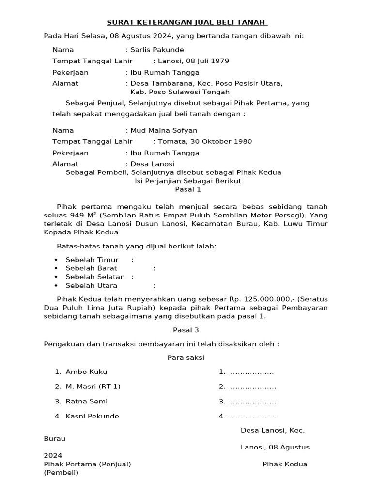 Surat Keterangan Jual Beli Tanah | PDF