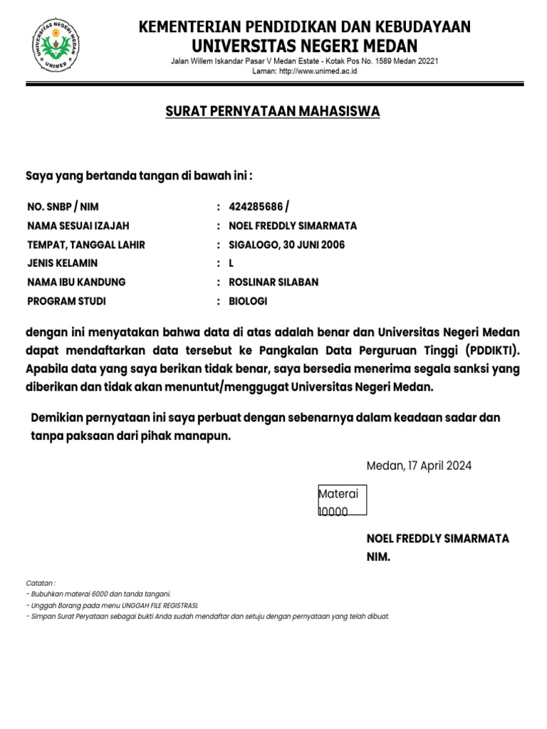 BIODATA MAHASISWA UNIVERSITAS NEGERI MEDAN Dikti | PDF