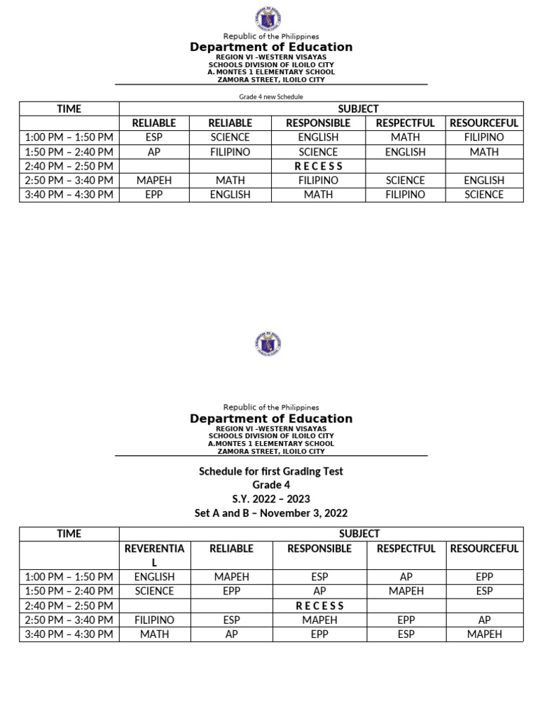 Schedule of Grade 4 First Grading Test | PDF
