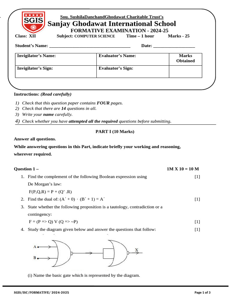 Class XII Computer Science Exam 2024-25 | PDF | Boolean Algebra ...