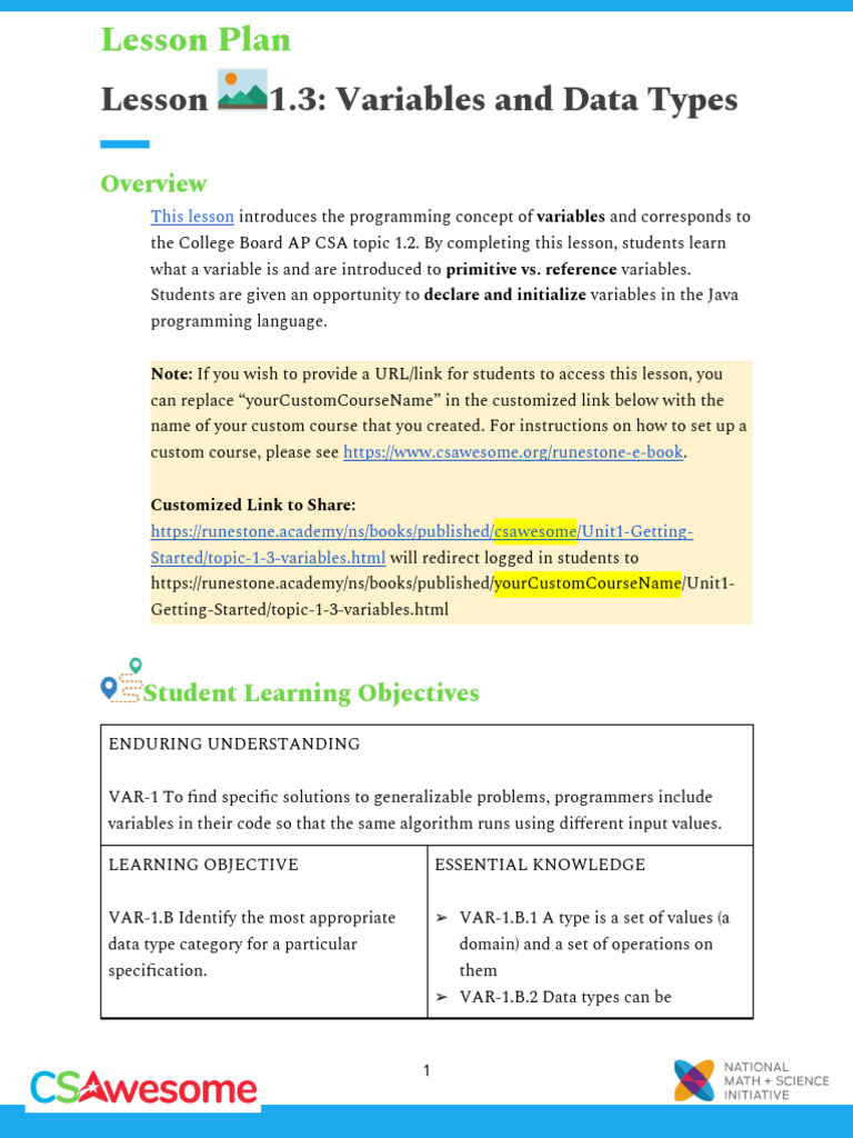 Unit 1 Lesson 3 Variables and Data Types Lesson Plan Exemplar | PDF ...
