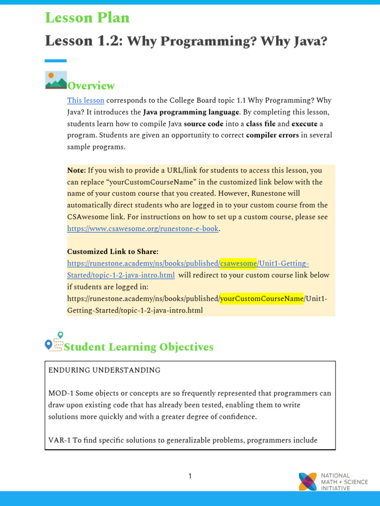 Unit 1 Lesson 2 Why Programming Why Java Lesson Plan | PDF | Computer Programming | Computer Program