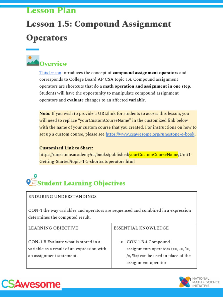 Unit 1 Lesson 5 Compound Assignment Operators Lesson Plan | PDF | Computer Programming ...