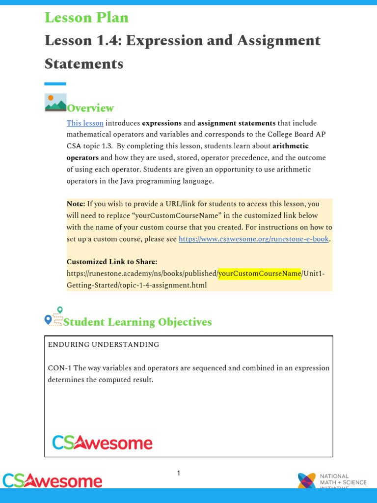 Unit 1 Lesson 4 Expressions and Assignment Statements Lesson Plan | PDF ...