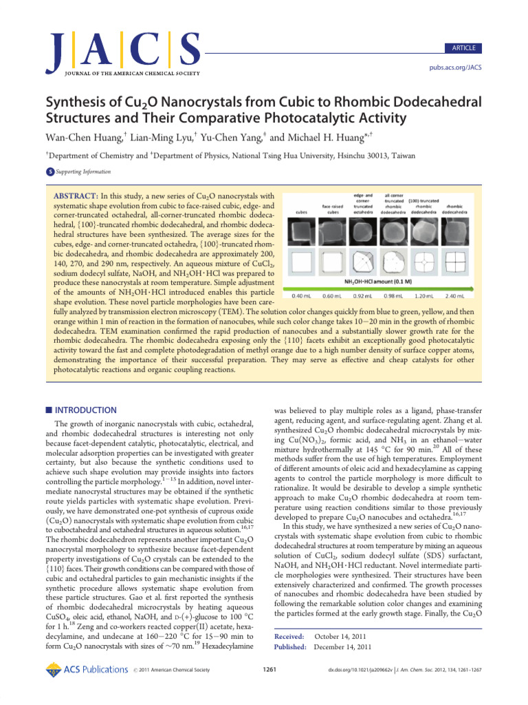 Huang Et Al 2011 Synthesis of Cu2o Nanocrystals From Cubic To Rhombic ...