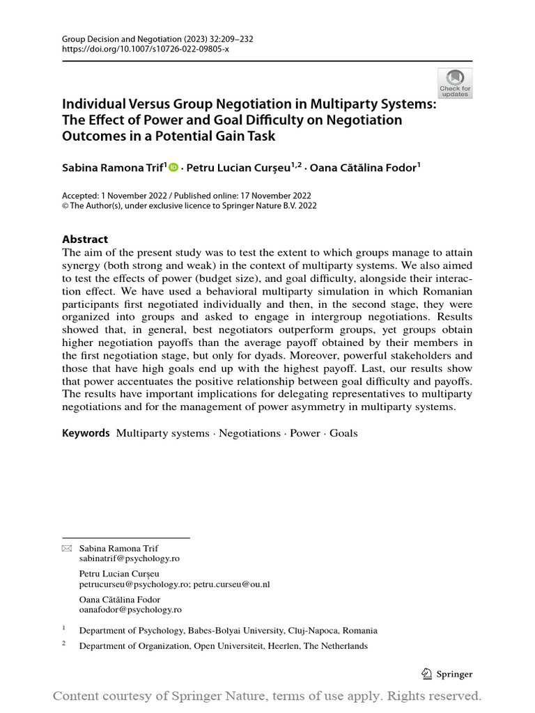 Individual Versus Group Negotiation in Multiparty | PDF | Negotiation | Goal Setting