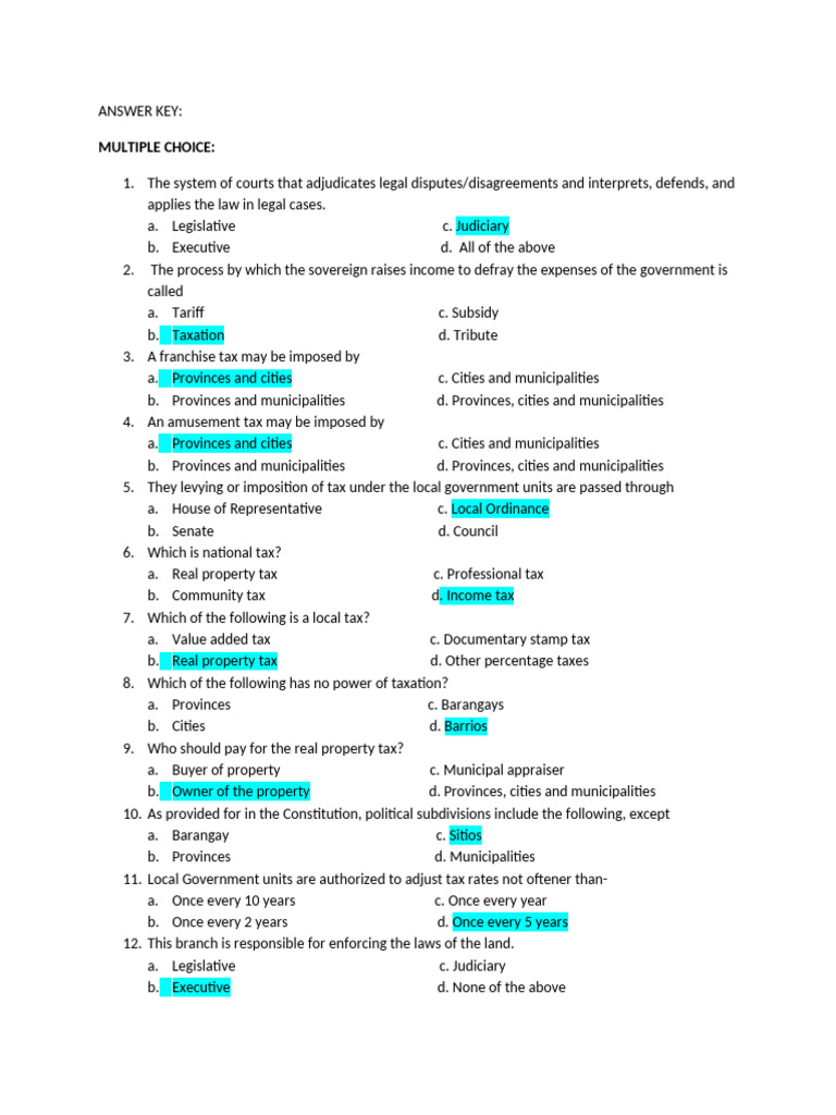 ANSWER KEY FOR LOCAL TAX QUIZ | PDF | Taxes | Public Law