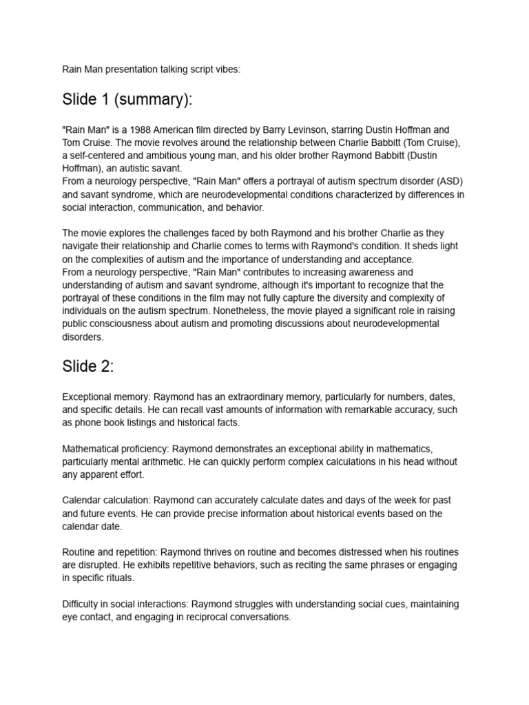 Rain Man Presentation Talking Script Vibes | PDF | Autism Spectrum ...