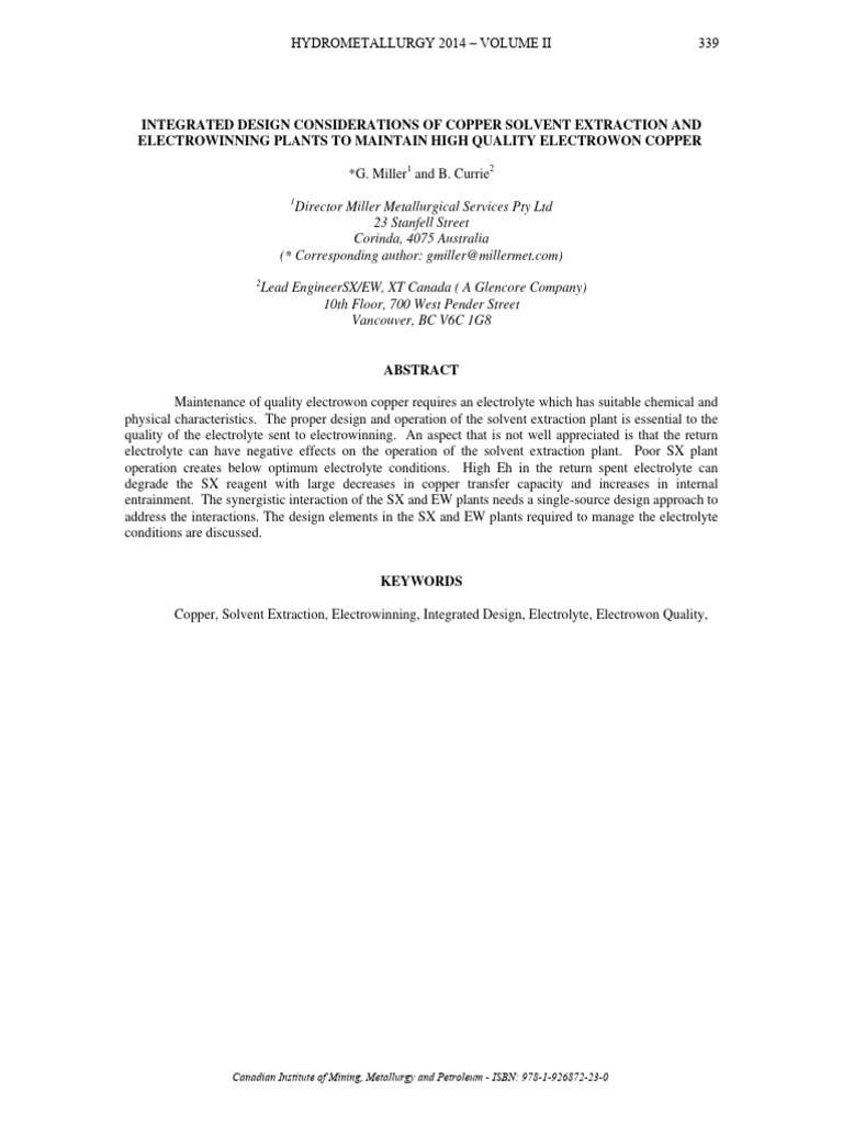 Integrated Design Considerations For Cu SX-EW (Miller and Currie, 2013 ...