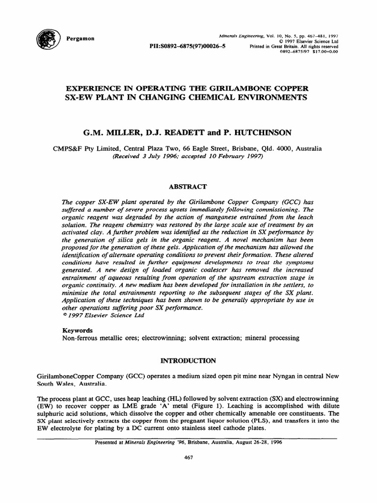 Experience in Operating Cu SX-EW Plant (Miller Et Al, 1997) | PDF ...