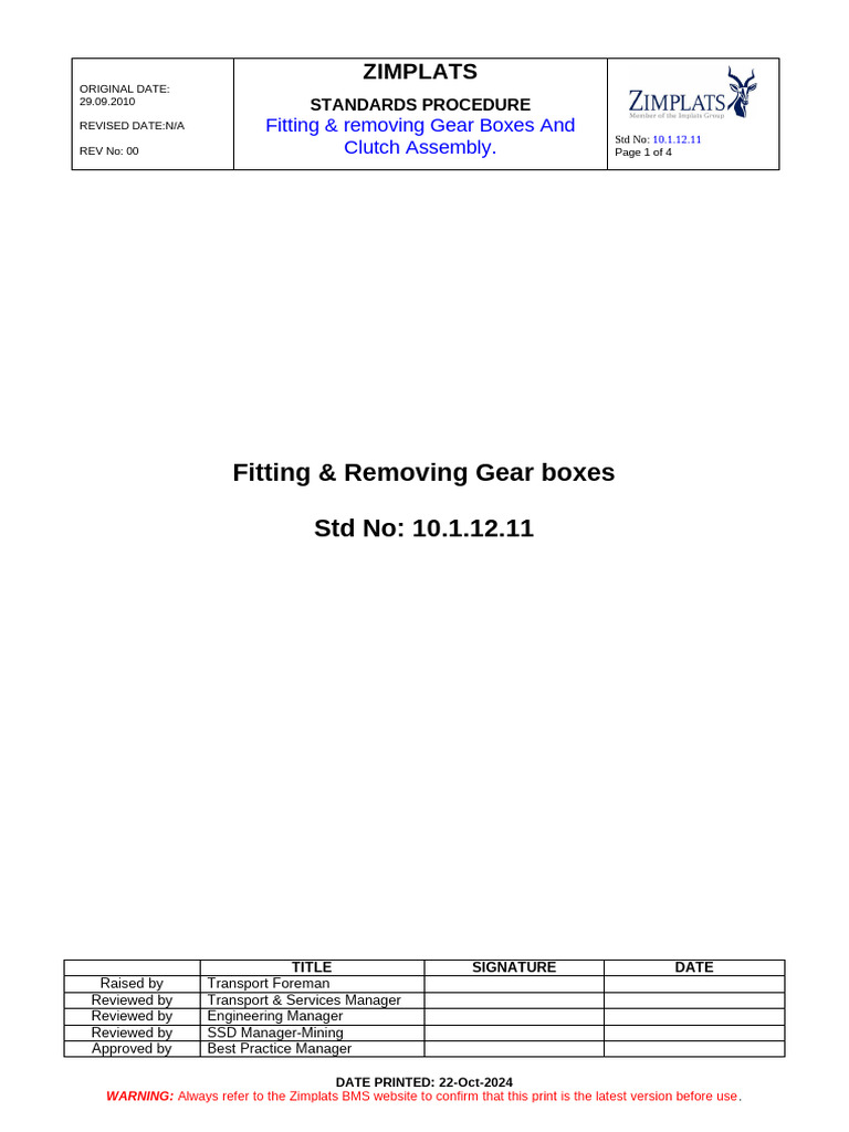 Gear box and Clutch Overhaul Work Instruction | PDF | Personal ...