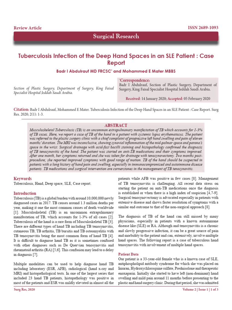 Tuberculosis Infection of The Deep Hand Spaces in An SLE Patient: Case ...