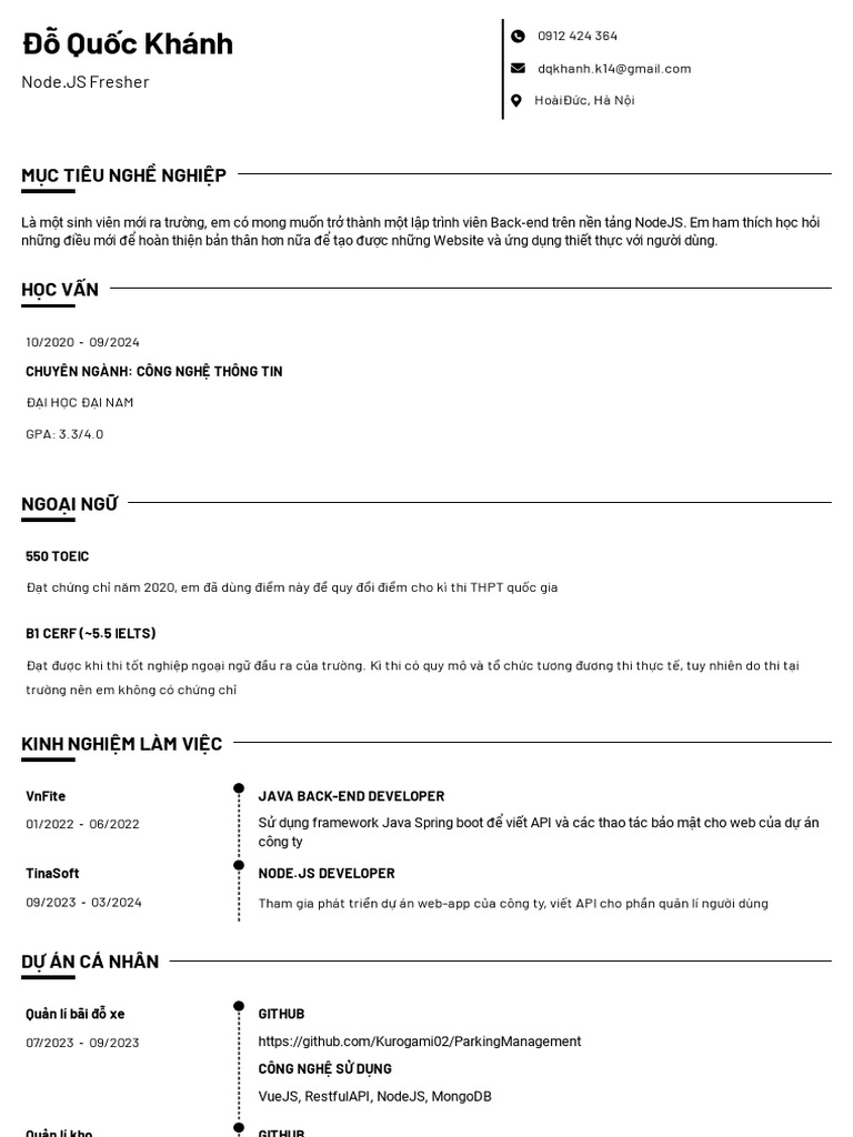 CV Fresher NodeJS Do Quoc Khanh | PDF