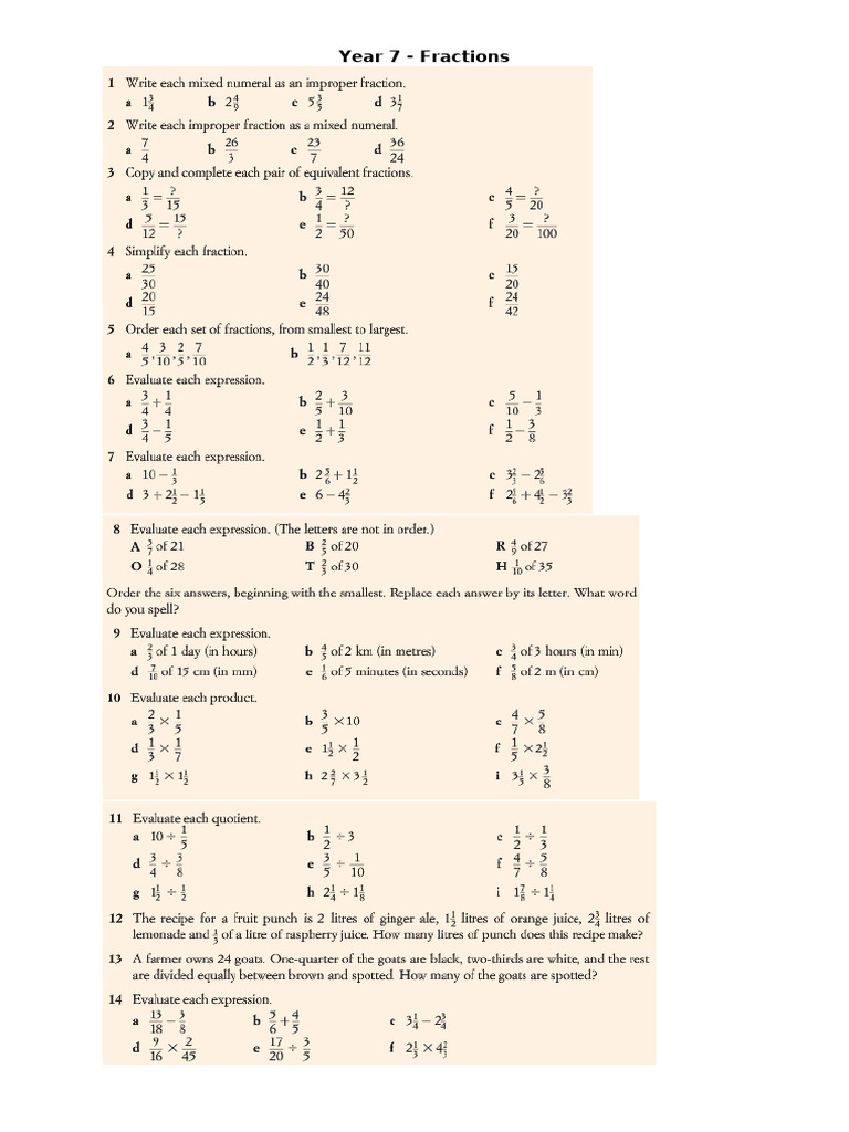 Year 7 Fractions Worksheet | PDF