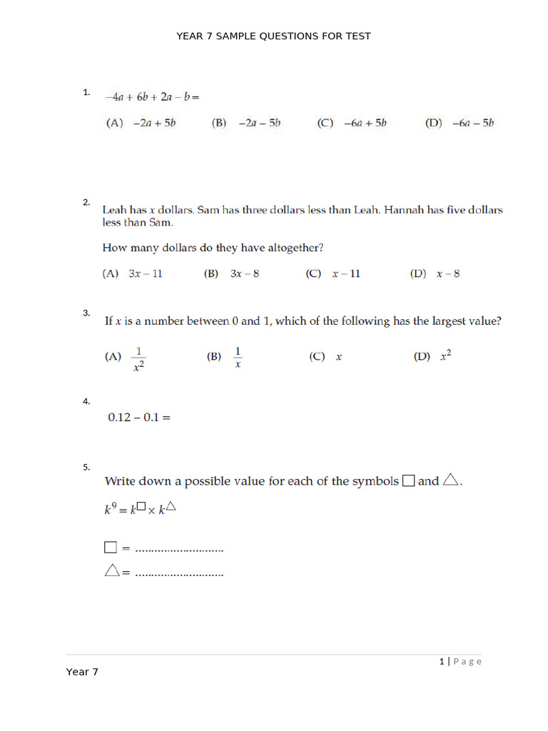 Yr7 SampleQuestions | PDF