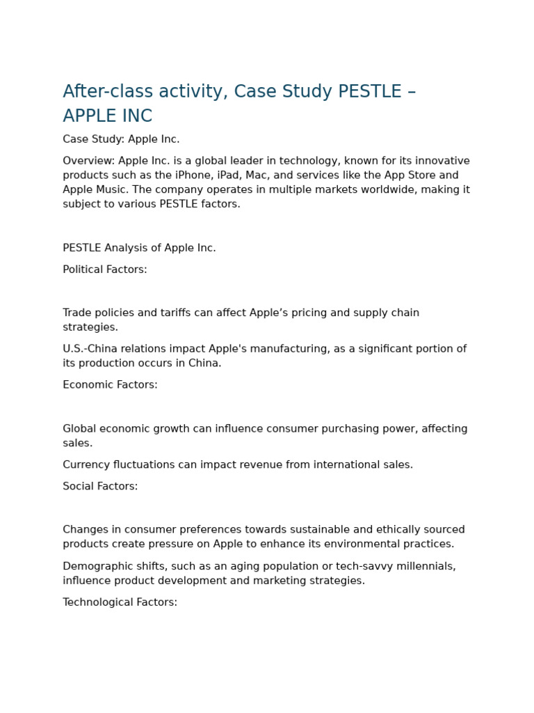 After-class activity,Case Study PESTLE – APPLE INC | PDF | Apple Inc. | Innovation
