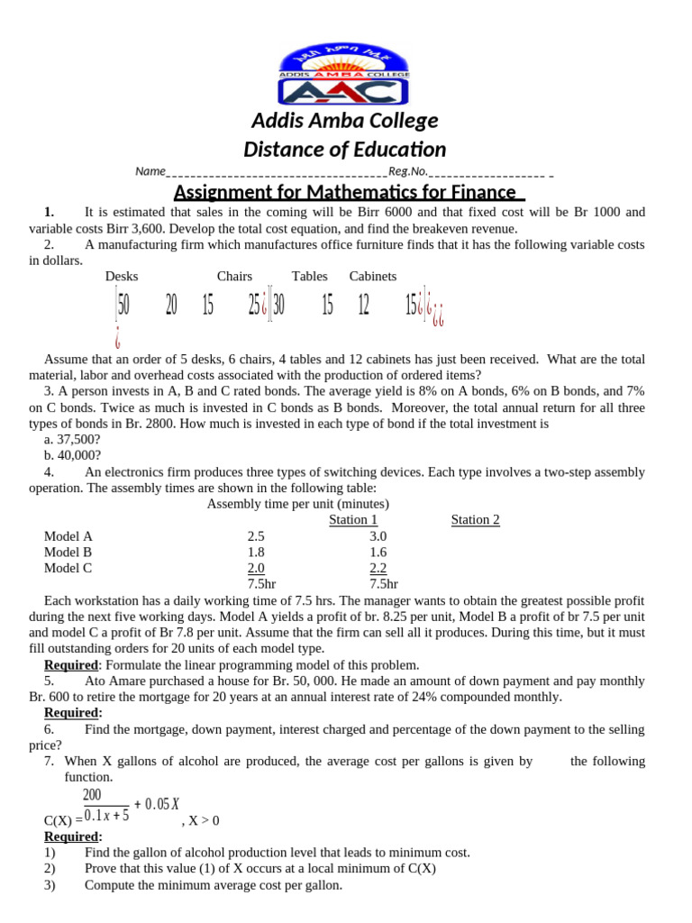 Mathematics For Finance Assignment | PDF | Interest | Financial Economics