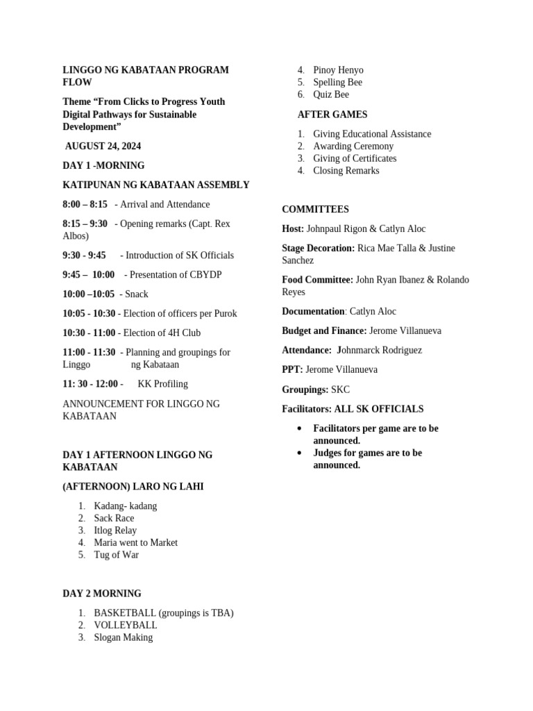 Linggo NG Kabataan Program Flow | PDF