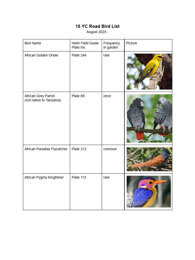 15 YC Road Bird List (1) | PDF