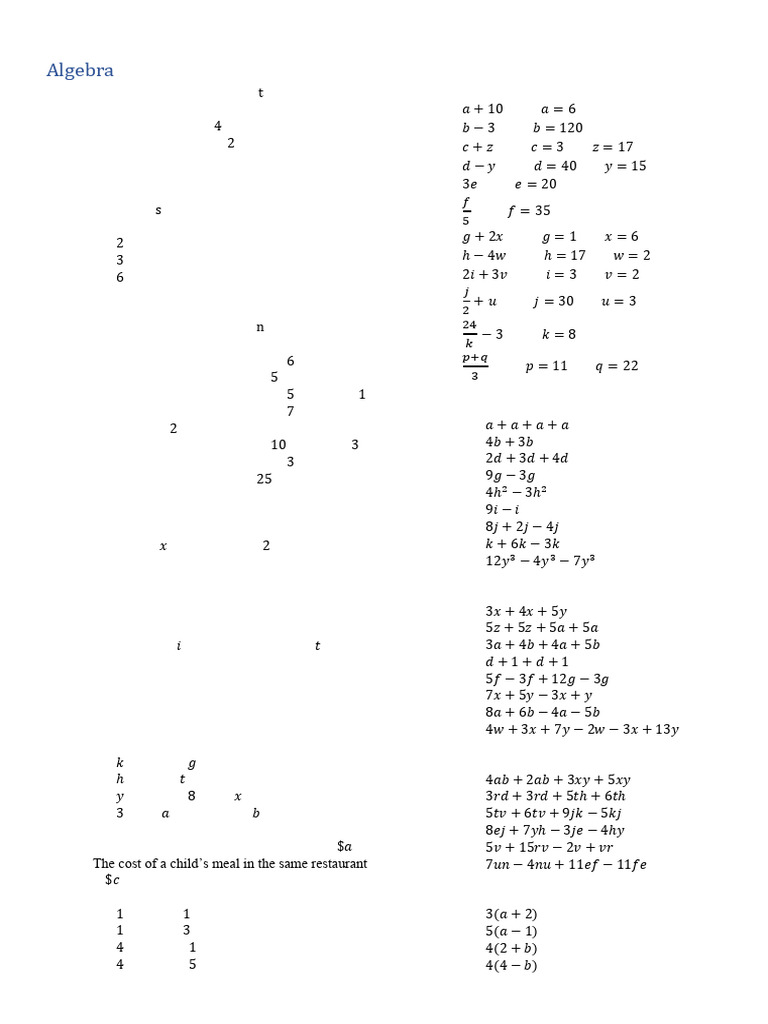 Algebra Worksheet | PDF | Numbers | Abstract Algebra