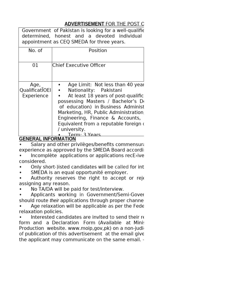 Advertisement For The Post of CEO, SMEDA | PDF