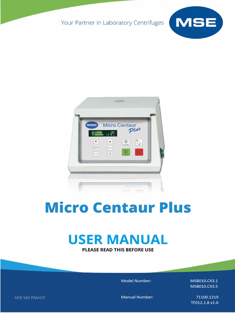 TF012.1.8 v1.0 Microcentaur Operator Manual | PDF | Centrifuge | Fuse (Electrical)