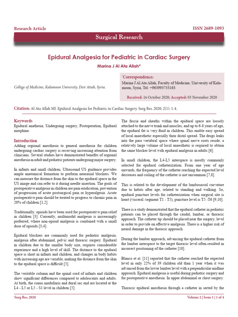Epidural Analgesia For Pediatric in Cardiac Surgery | PDF | Anesthesia ...