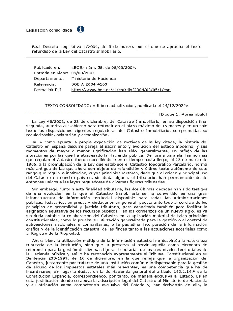 RDL 1/2004 Ley Del Catastro | PDF | Ley de Tierras