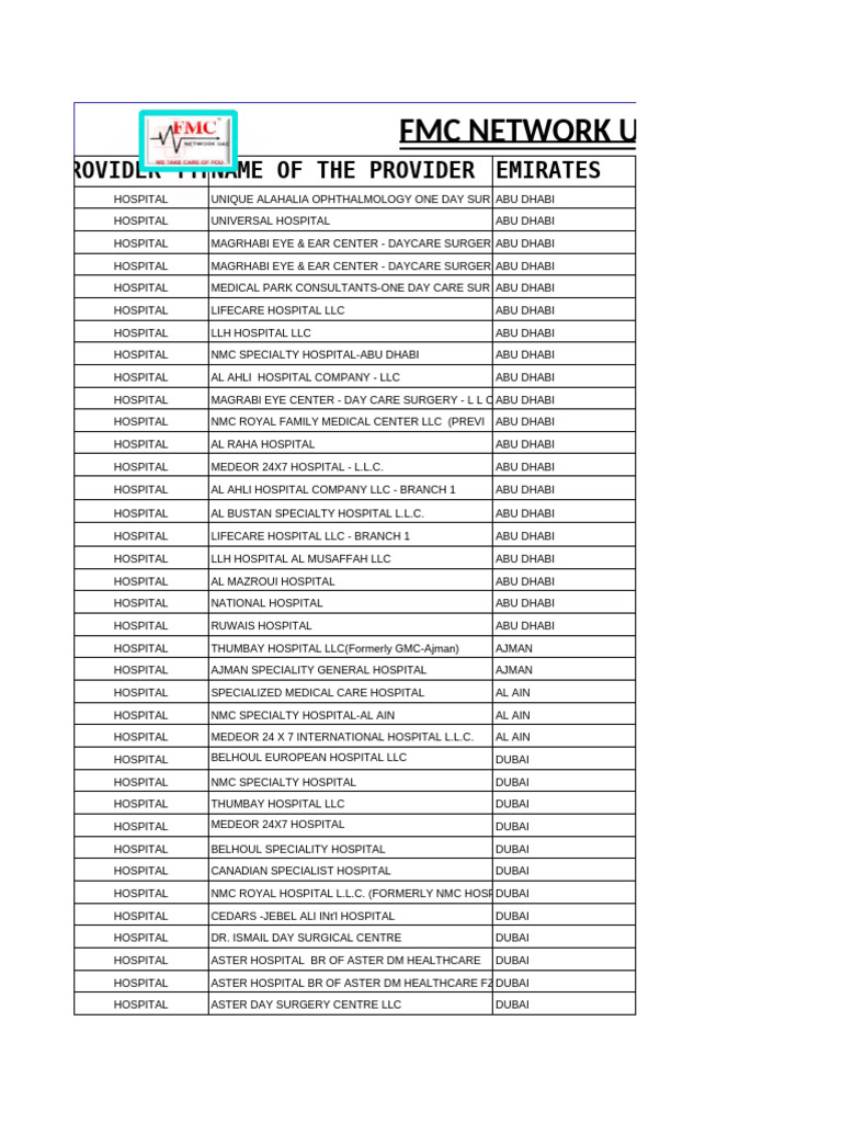 FMC Network Uae Standard Hospital List October 2019 | PDF | United Arab ...