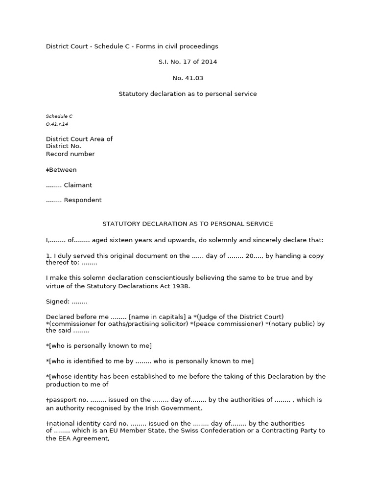Statutory Declaration As To Personal Service No. 41.03 | PDF | Notary ...